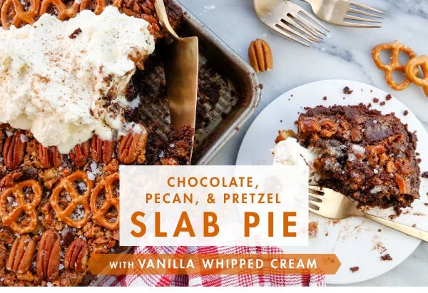 Chocolate, Pecan, and Pretzel Slab Pie with Vanilla Whipped Cream ...