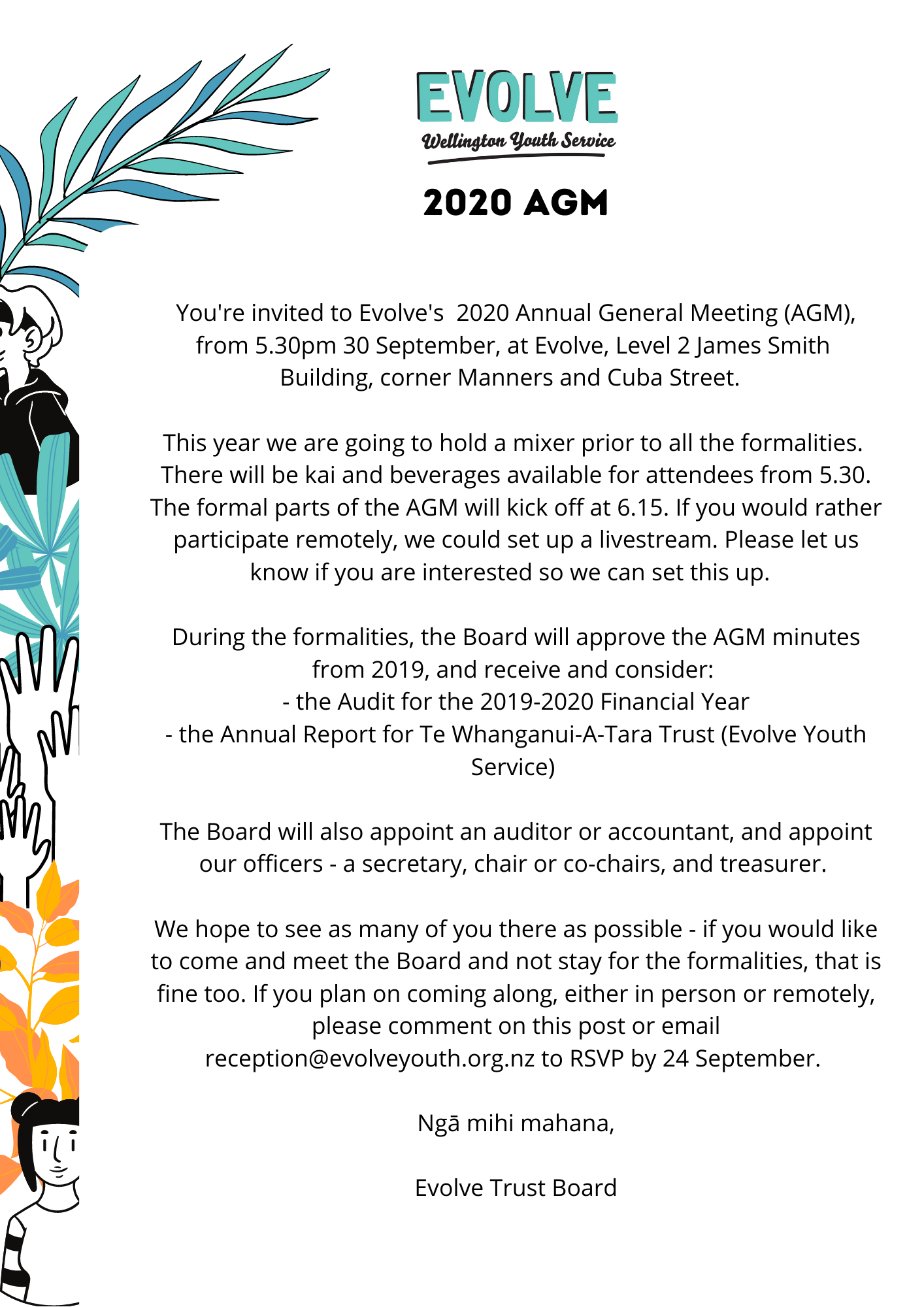 2020 AGM invite — Evolve Wellington Youth Service