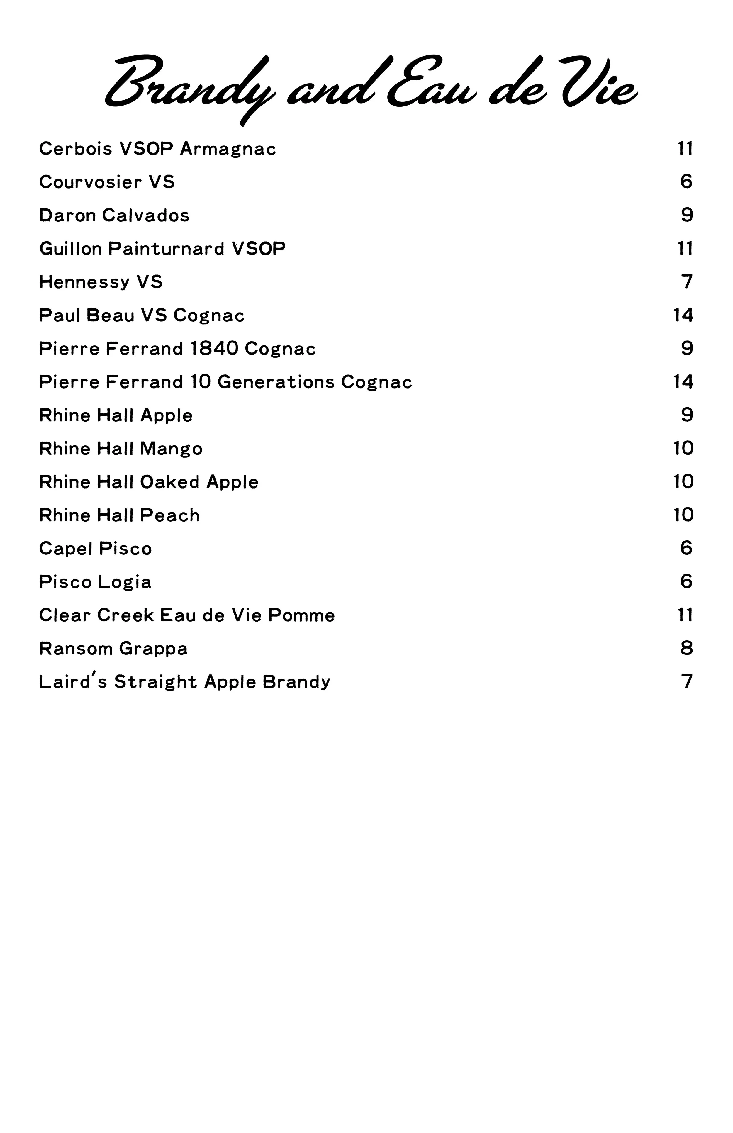 Spirits List — Bar X