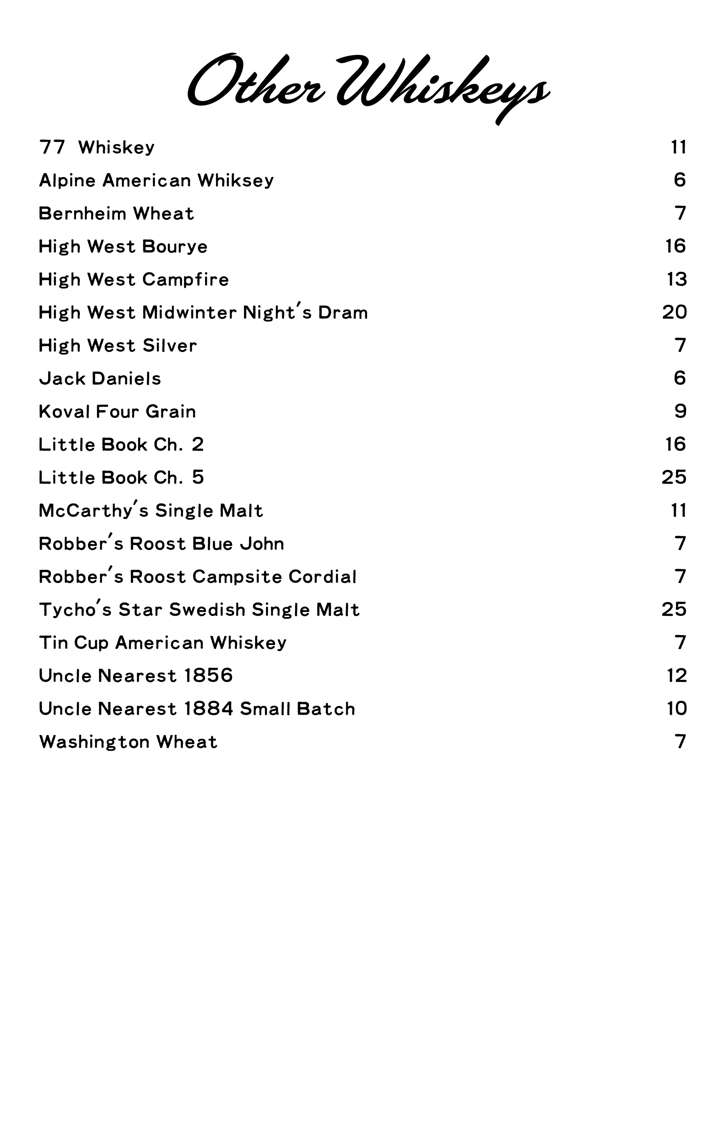 Spirits List — Bar X