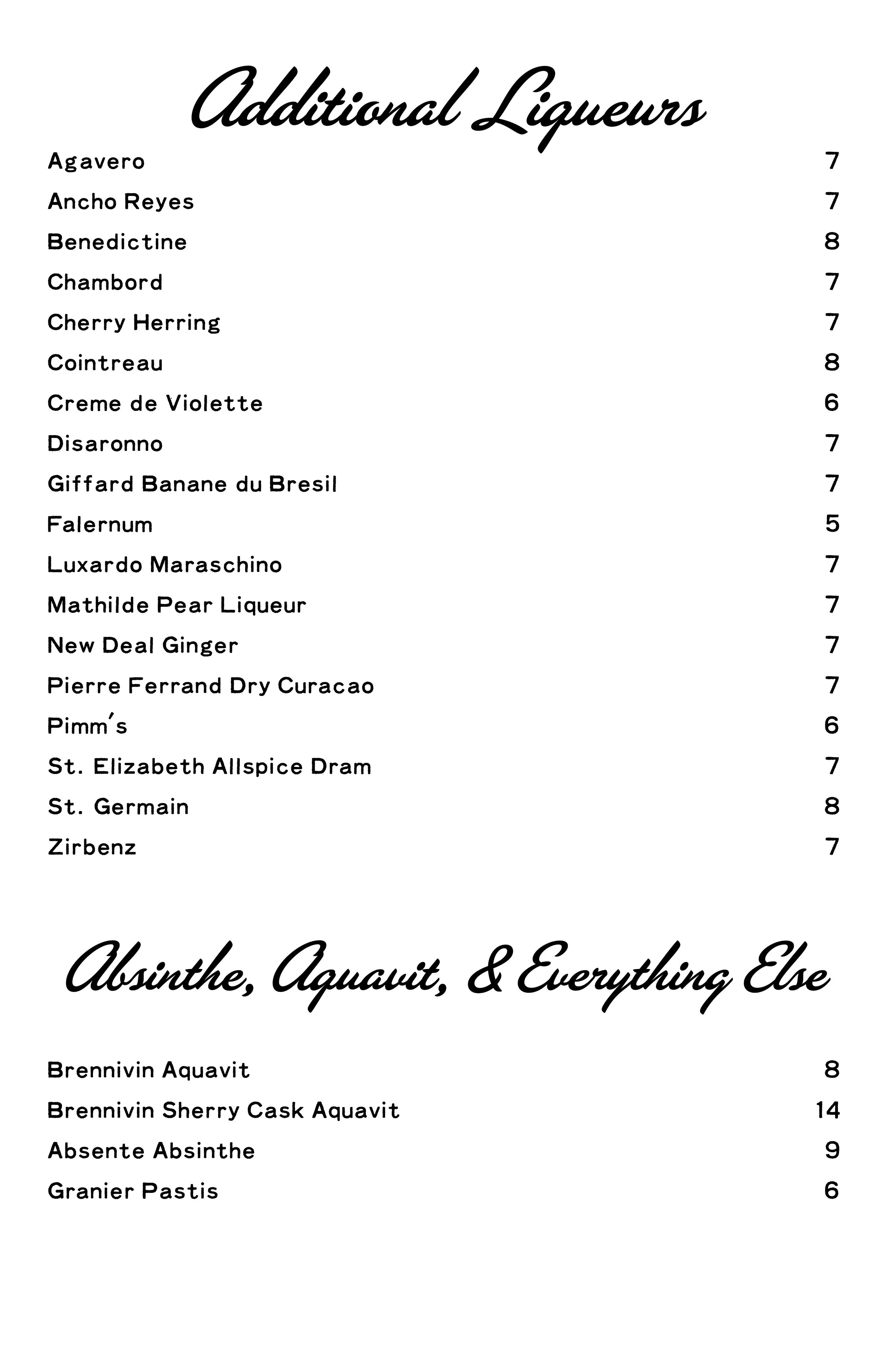 Spirits List — Bar X