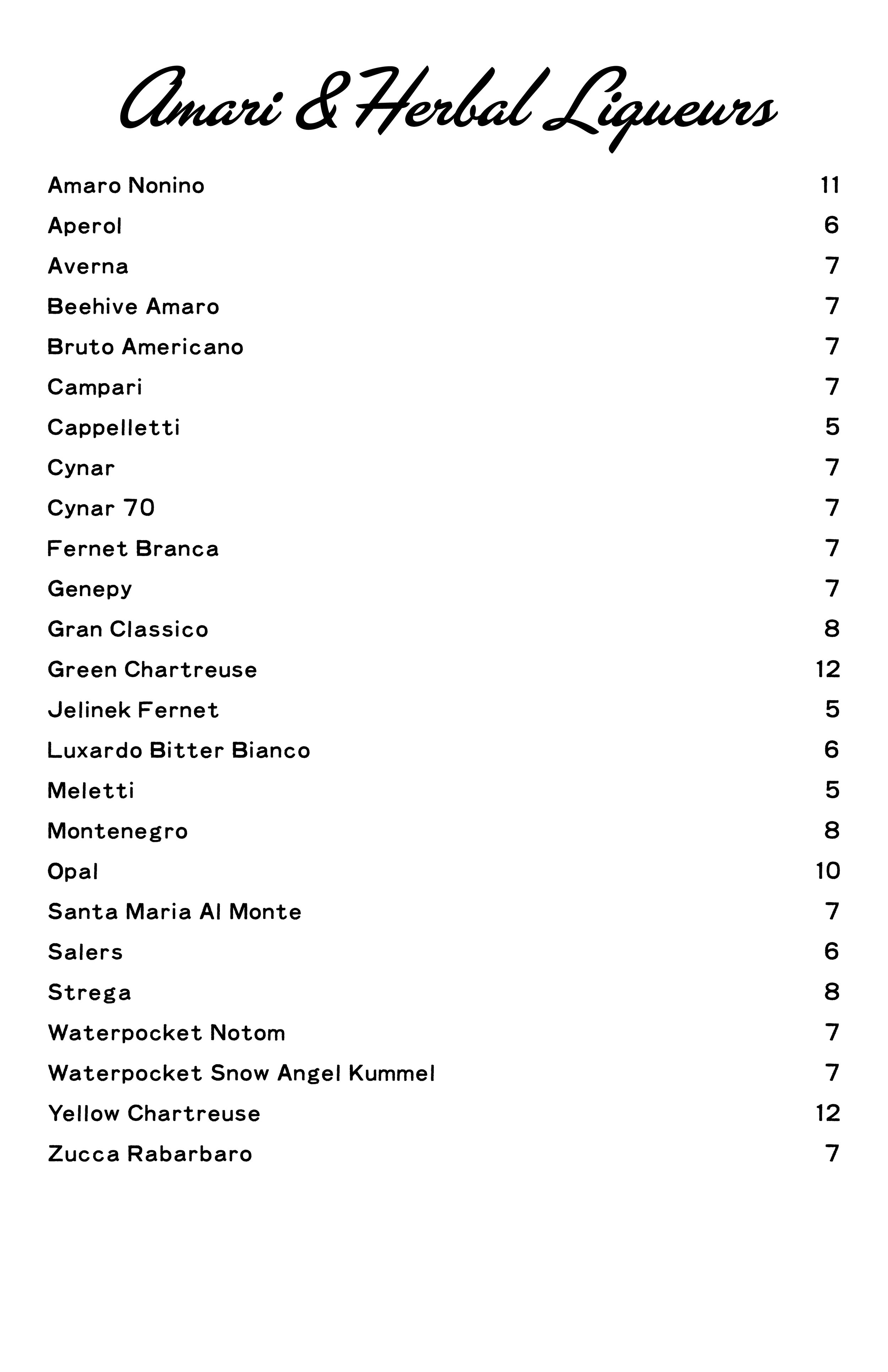 Spirits List — Bar X