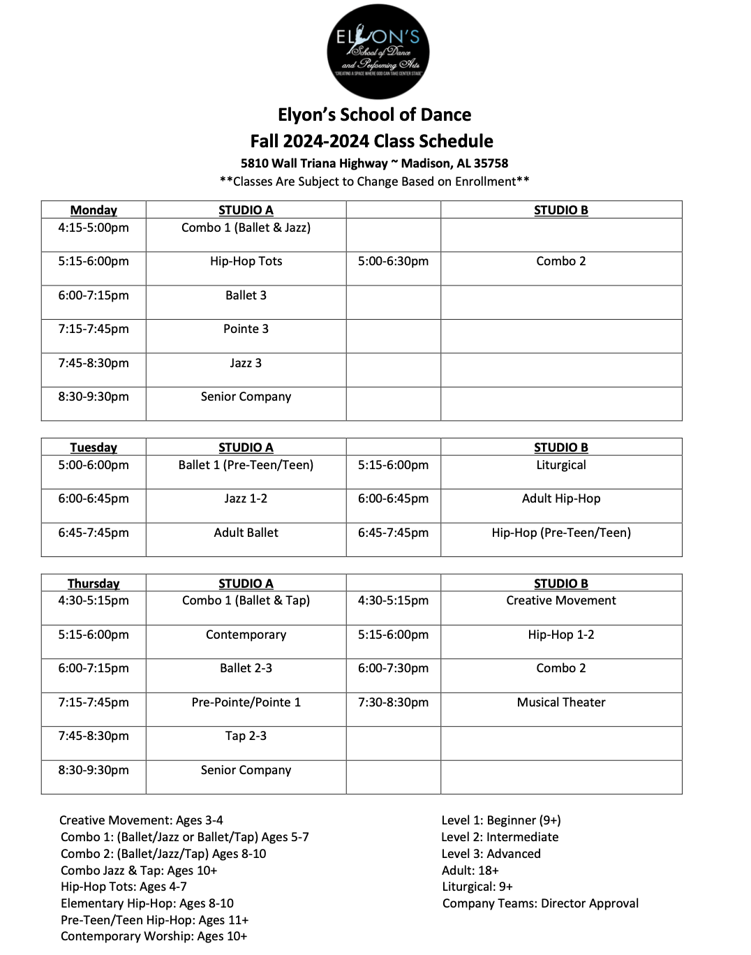 Class Schedules — Elyon's