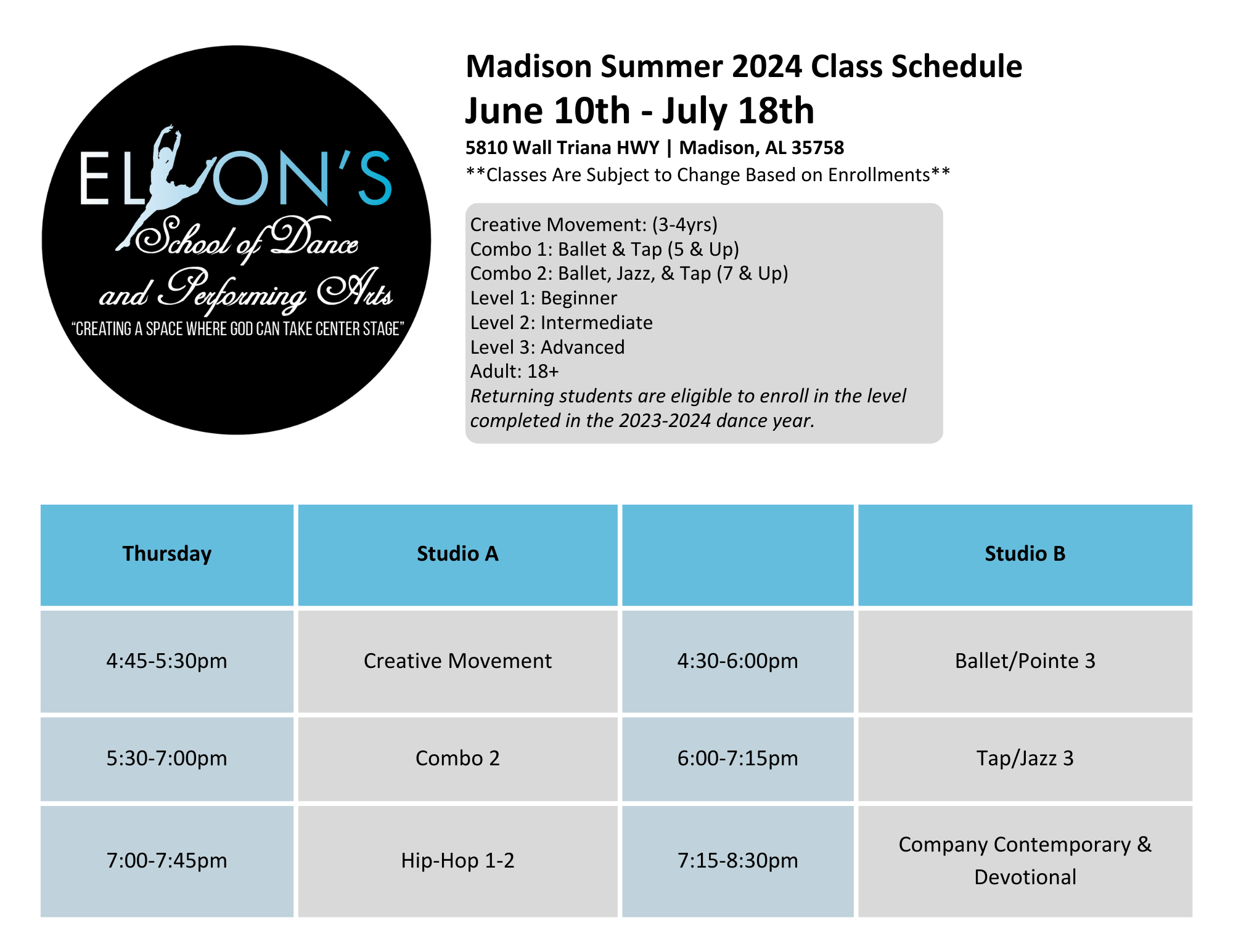 Class Schedules — Elyon's