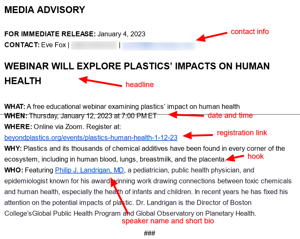 HOW TO WRITE AN EFFECTIVE MEDIA ADVISORY — Beyond Plastics - Working To ...