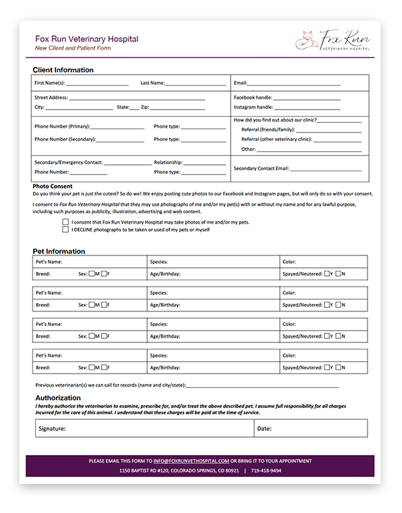 Patient Forms — Fox Run Veterinary Hospital