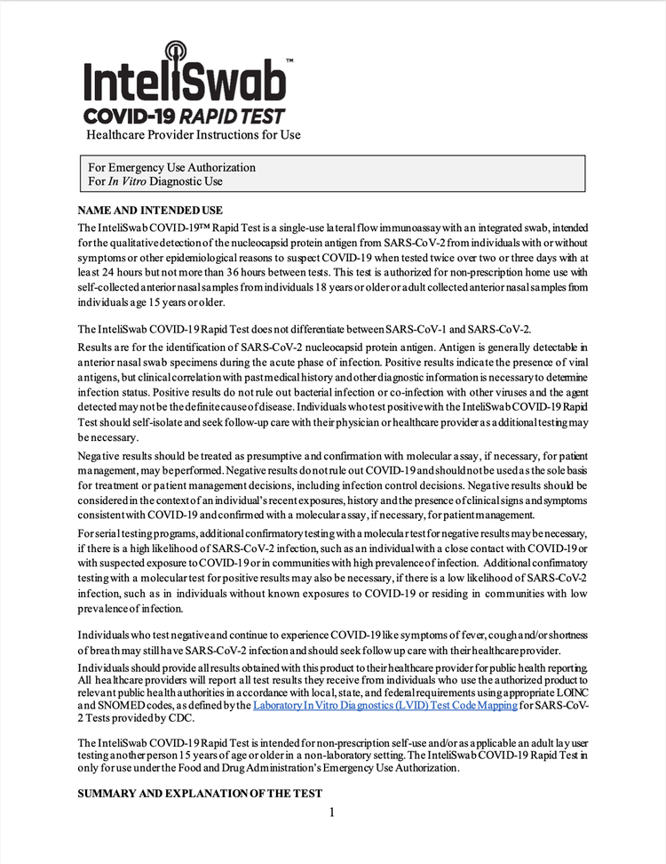 InteliSwab COVID-19 Rapid Home Test by OraSure — Rhino Diagnostics
