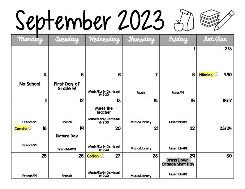 Grade 5a Calendar | Star of the Sea School | Surrey, British Columbia