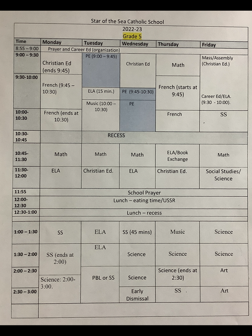 Grade 5 Class Schedule | Star of the Sea School | Surrey, British Columbia