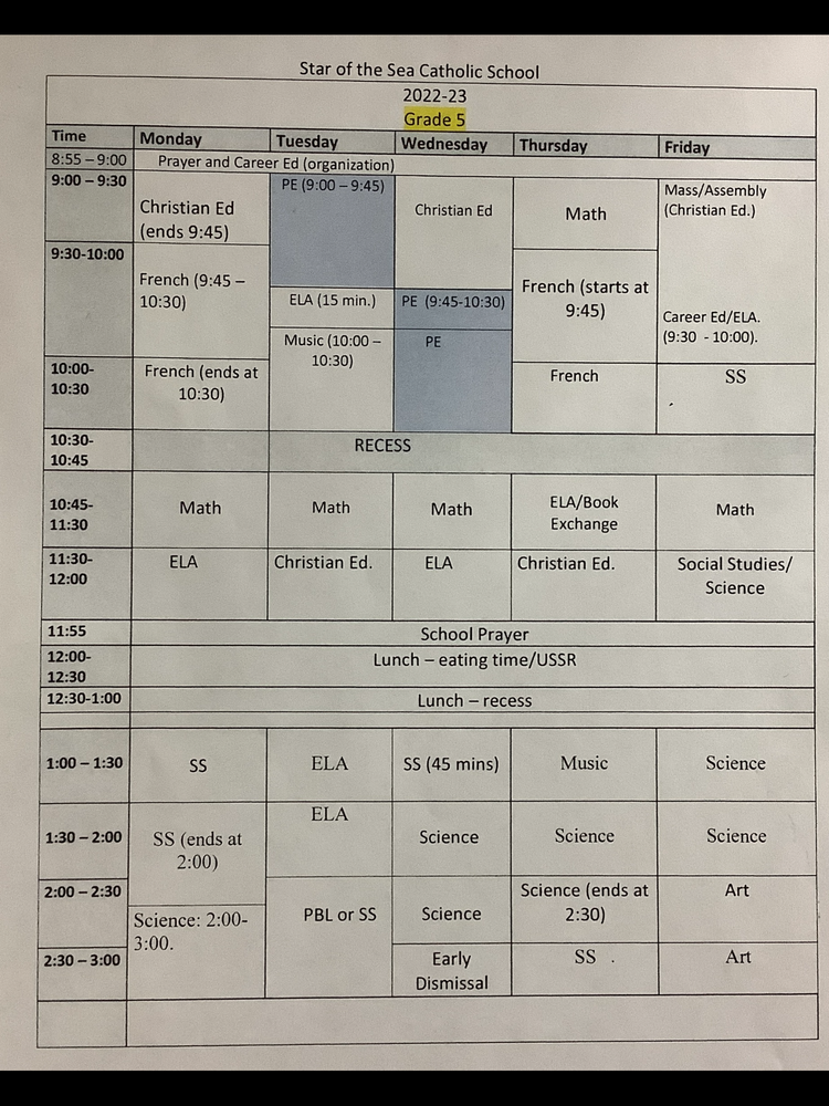 Grade 5 Class Schedule | Star of the Sea School | Surrey, British Columbia