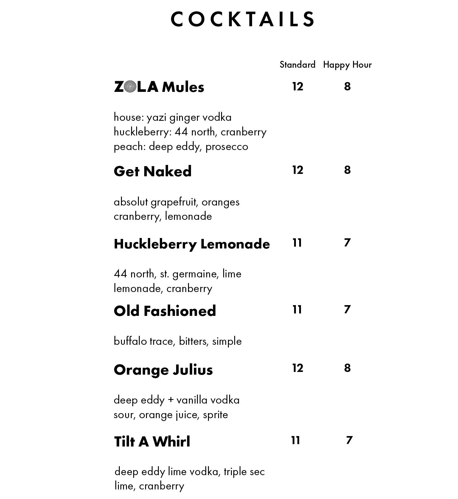 Food and Drink Menus — Zola Restaurant & Live Music Bar - Spokane, WA