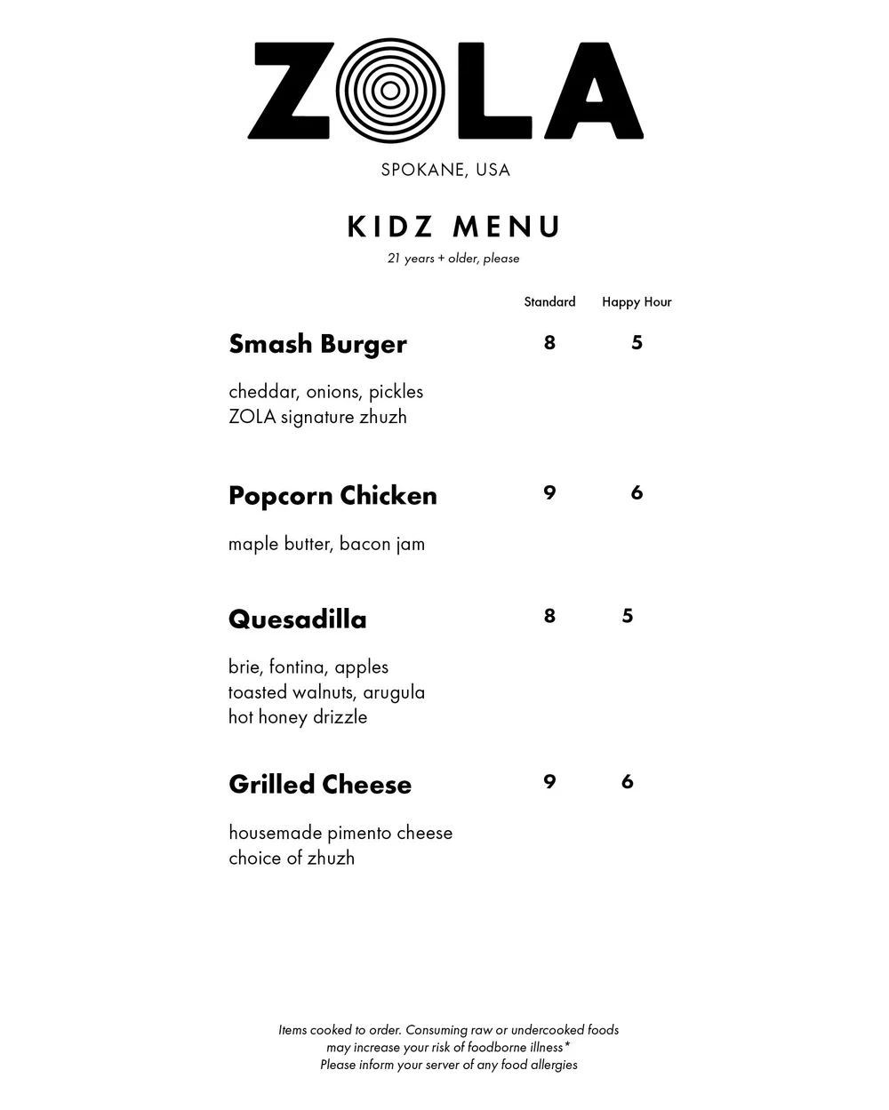 Food and Drink Menus — Zola Restaurant & Live Music Bar - Spokane, WA