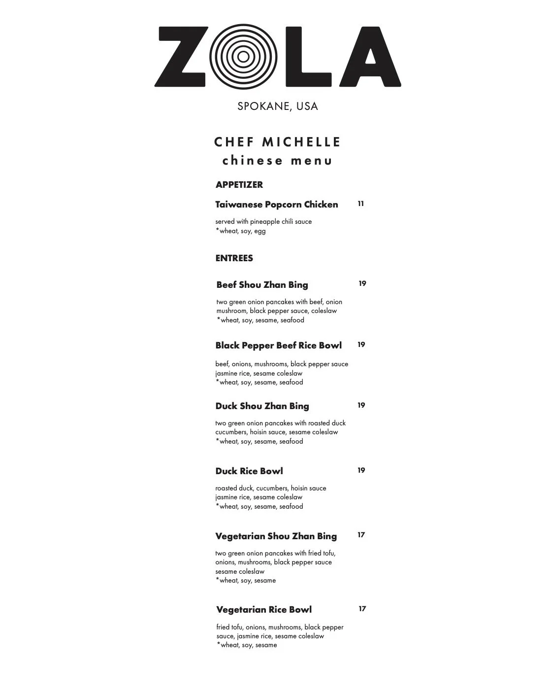 Food and Drink Menus — Zola Restaurant & Live Music Bar - Spokane, WA