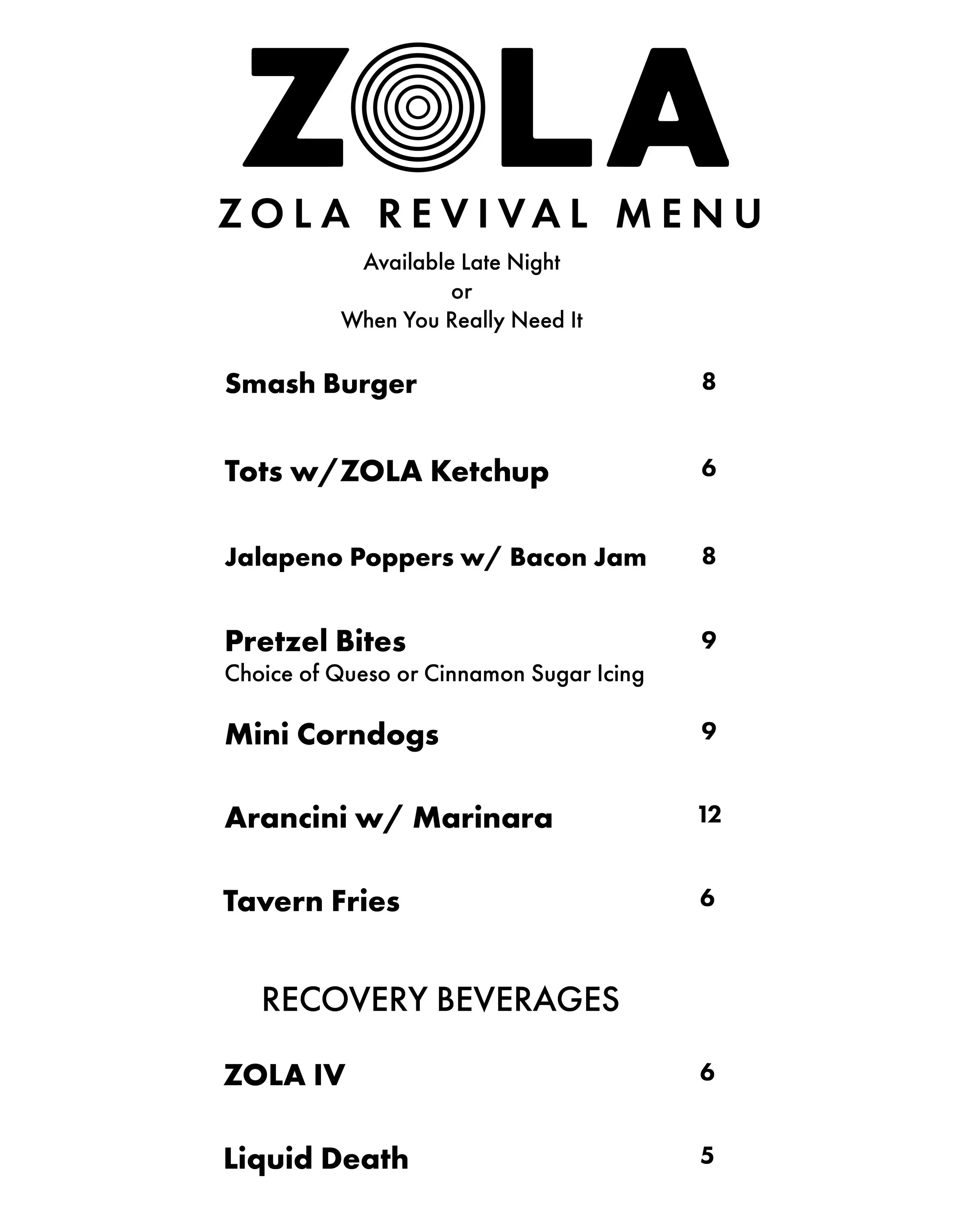 Food and Drink Menus — Zola Restaurant & Live Music Bar - Spokane, WA