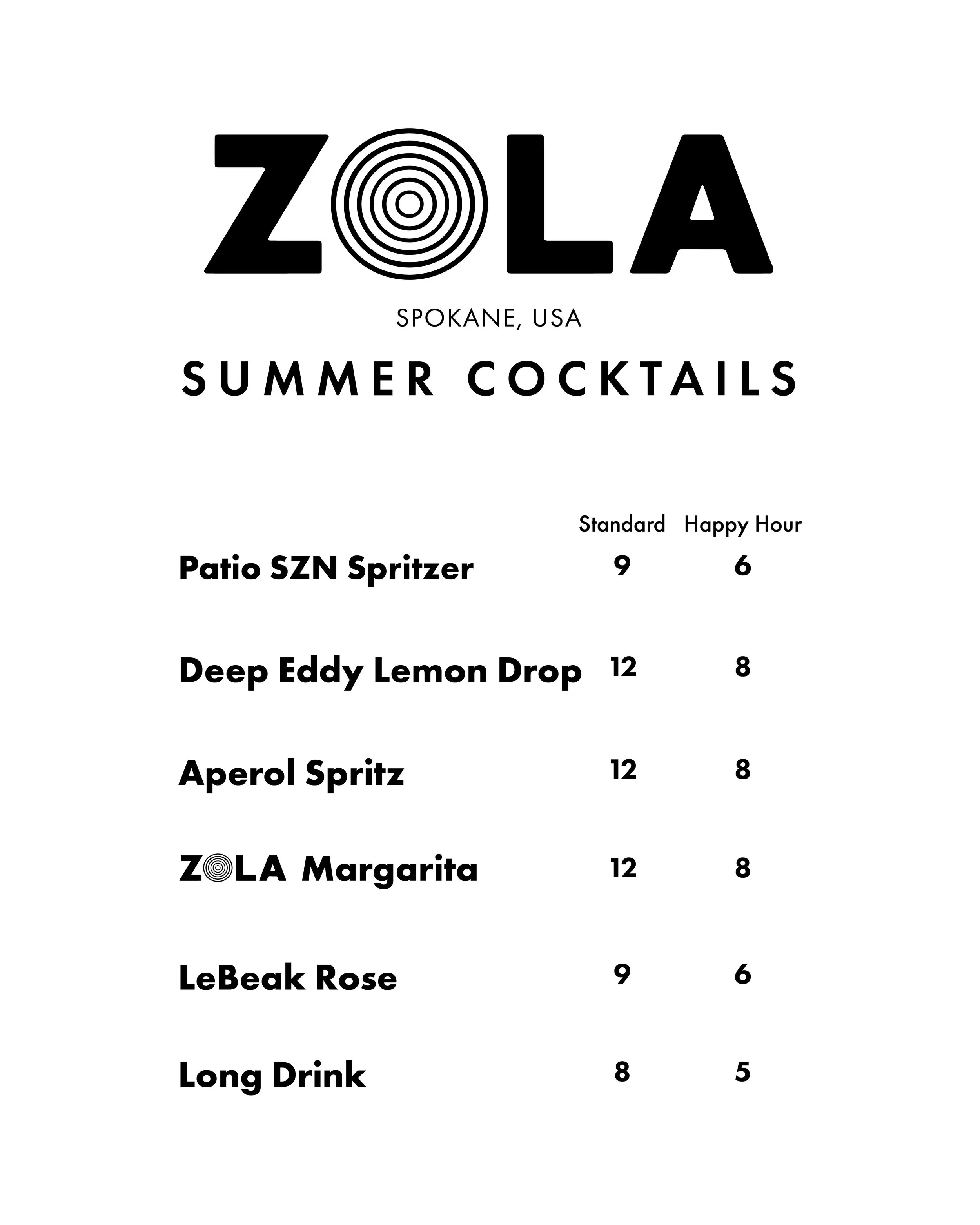 Food and Drink Menus — Zola Restaurant & Live Music Bar - Spokane, WA