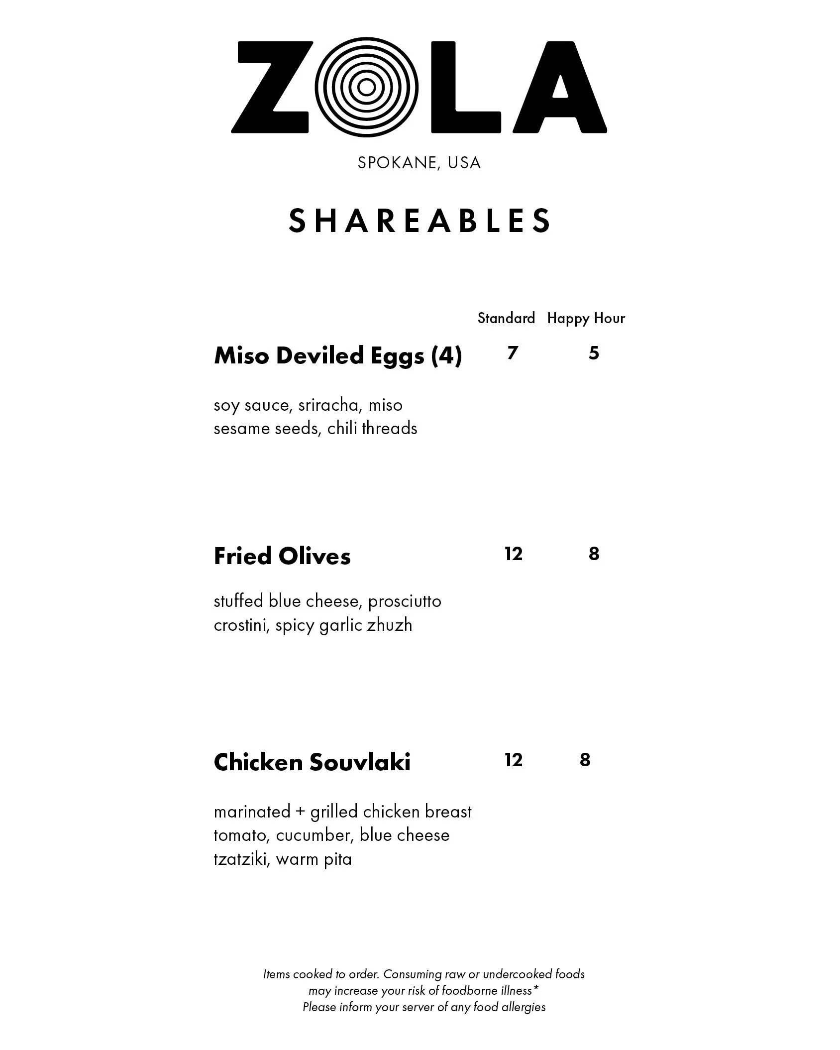 Food and Drink Menus — Zola Restaurant & Live Music Bar - Spokane, WA