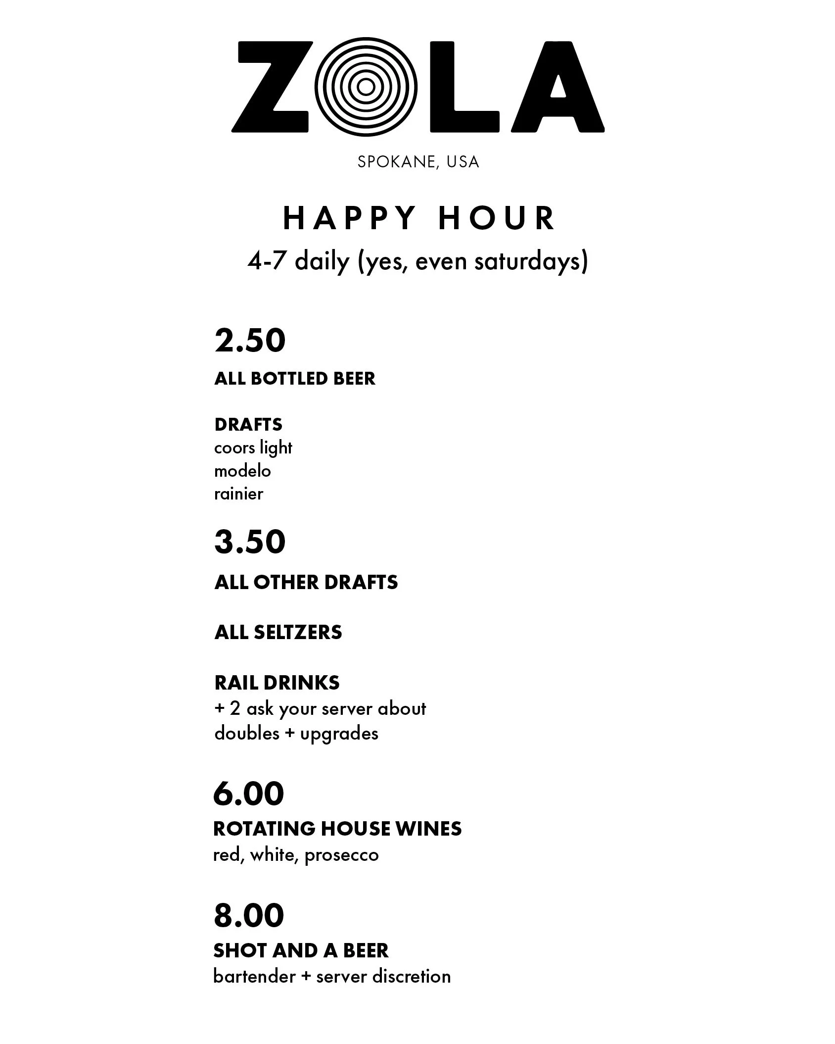 Food and Drink Menus — Zola Restaurant & Live Music Bar - Spokane, WA