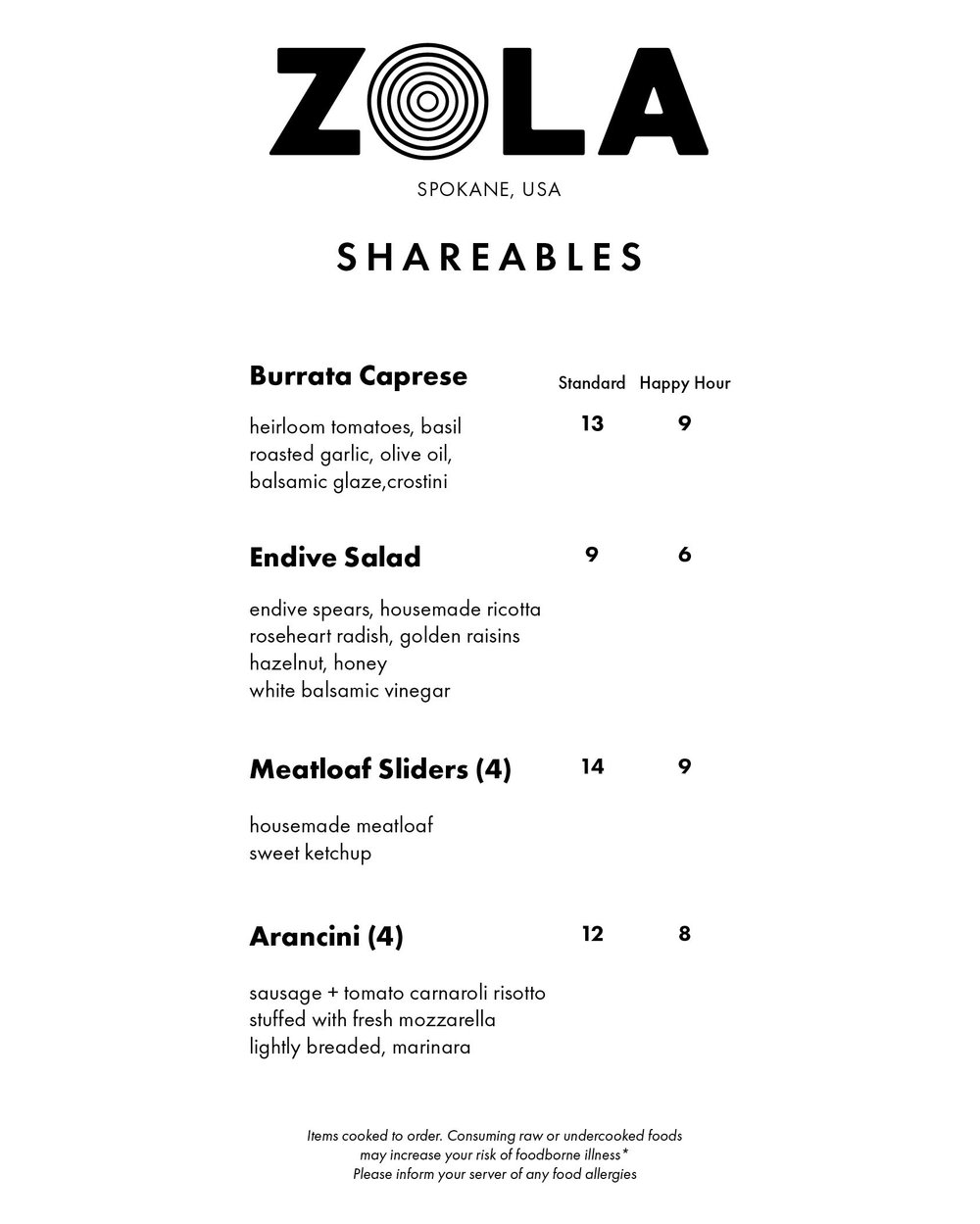 Food and Drink Menus — Zola Restaurant & Live Music Bar - Spokane, WA