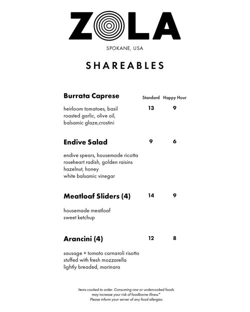 Food and Drink Menus — Zola Restaurant & Live Music Bar - Spokane, WA