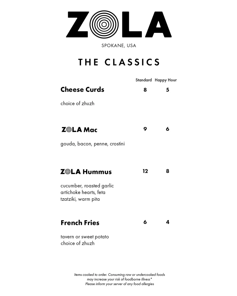 Food and Drink Menus — Zola Restaurant & Live Music Bar - Spokane, WA