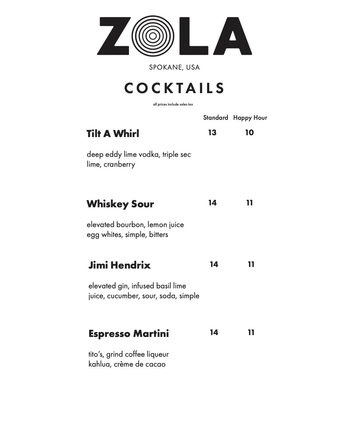 Food and Drink Menus — Zola Restaurant & Live Music Bar - Spokane, WA