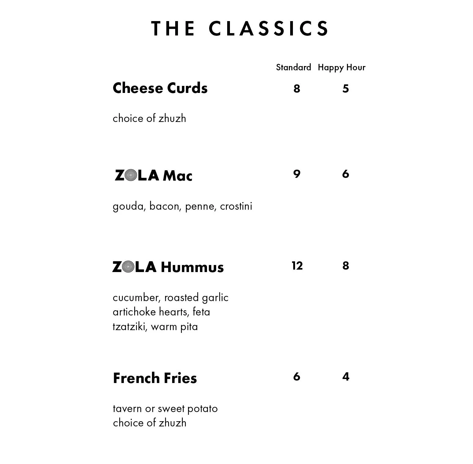 Food and Drink Menus — Zola Restaurant & Live Music Bar - Spokane, WA