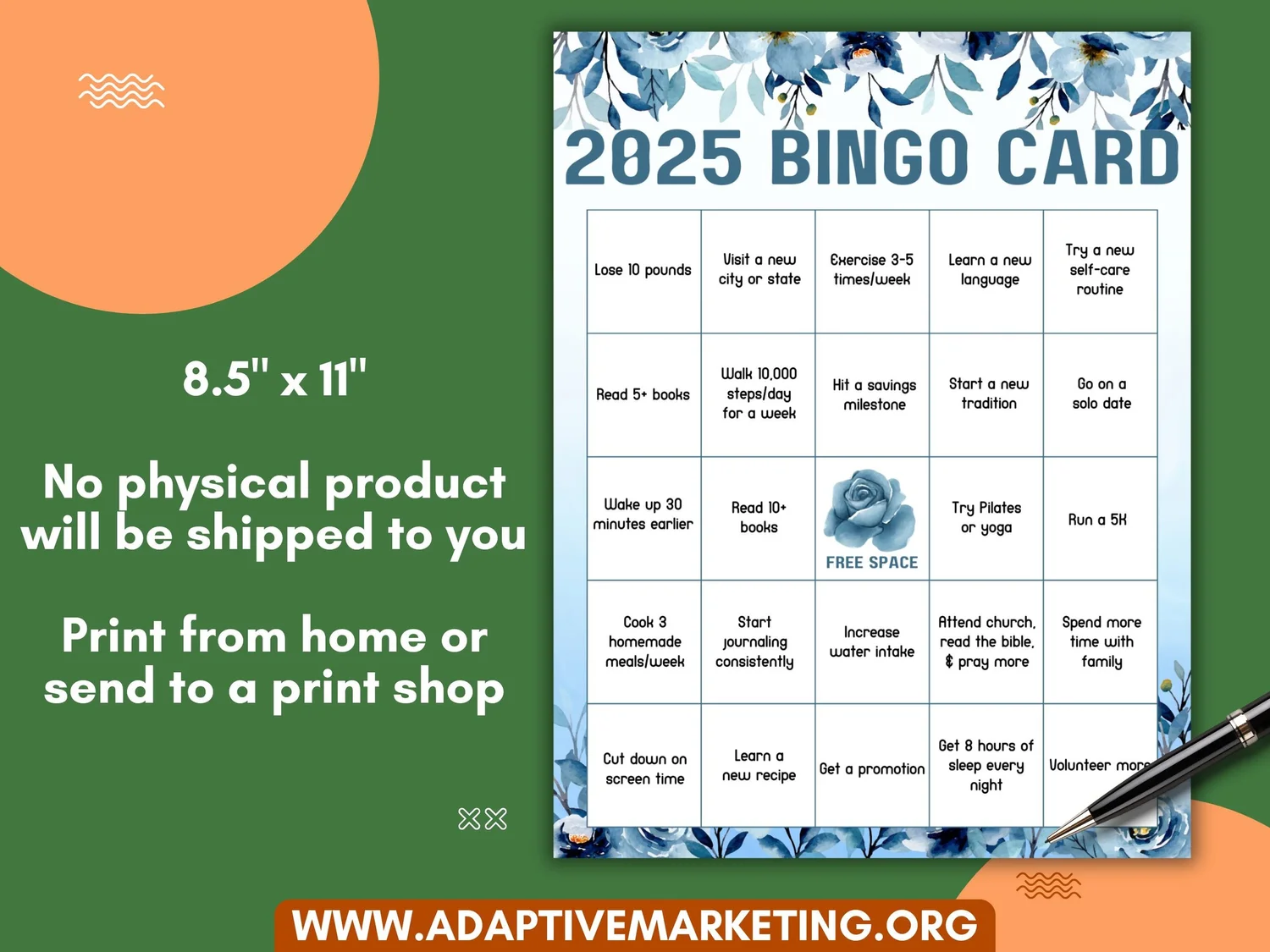 2025 Goal-Tracking Blank Bingo Card | Pretty Peony | Adaptive Marketing