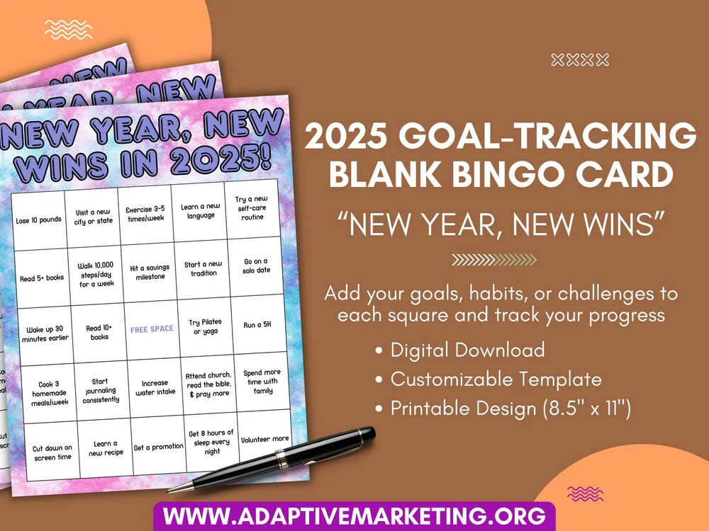 2025 Goal-Tracking Blank Bingo Card | Green Paw Print | Adaptive Marketing
