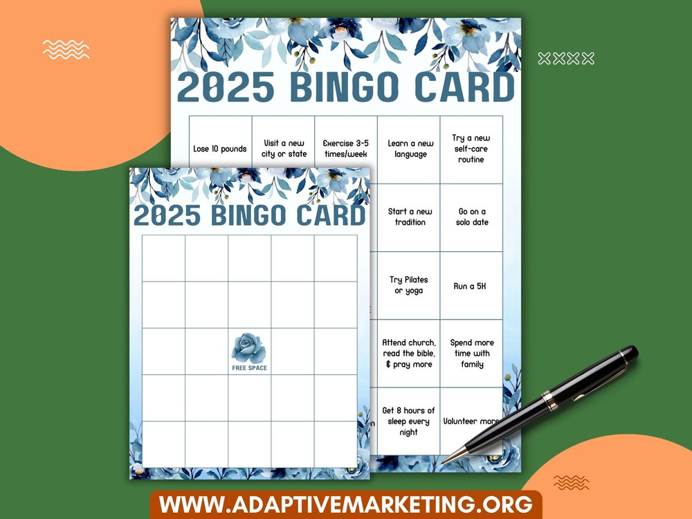 2025 Goal-Tracking Blank Bingo Card | Pretty Peony | Adaptive Marketing