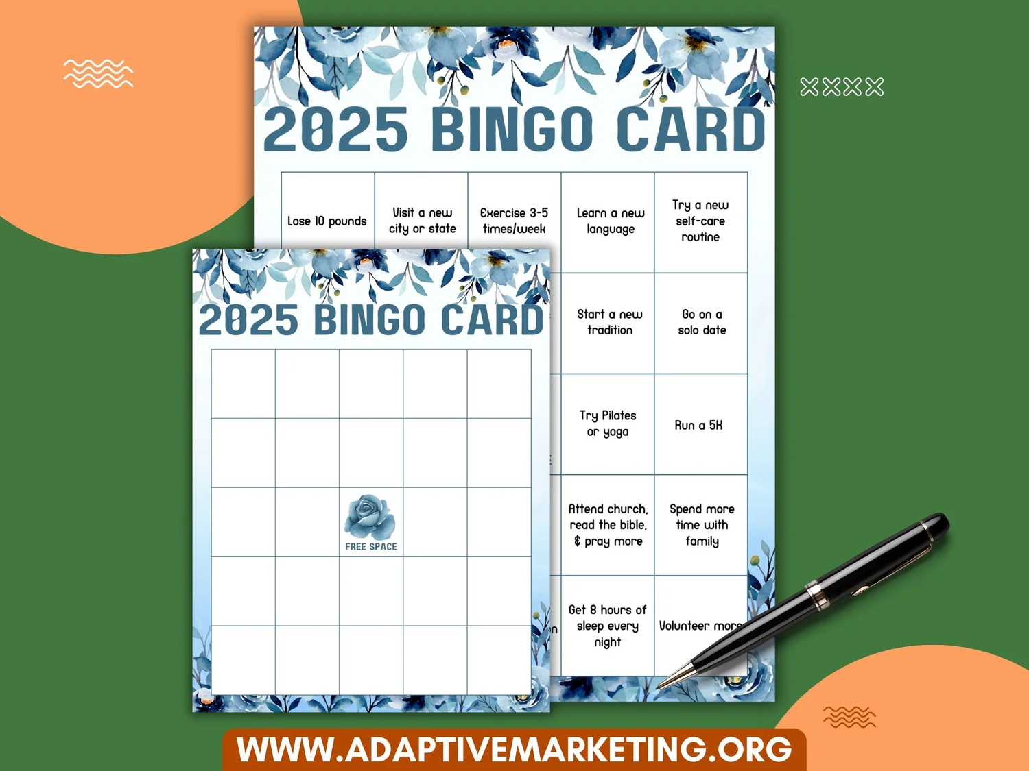 2025 Goal-Tracking Blank Bingo Card | Pretty Peony | Adaptive Marketing