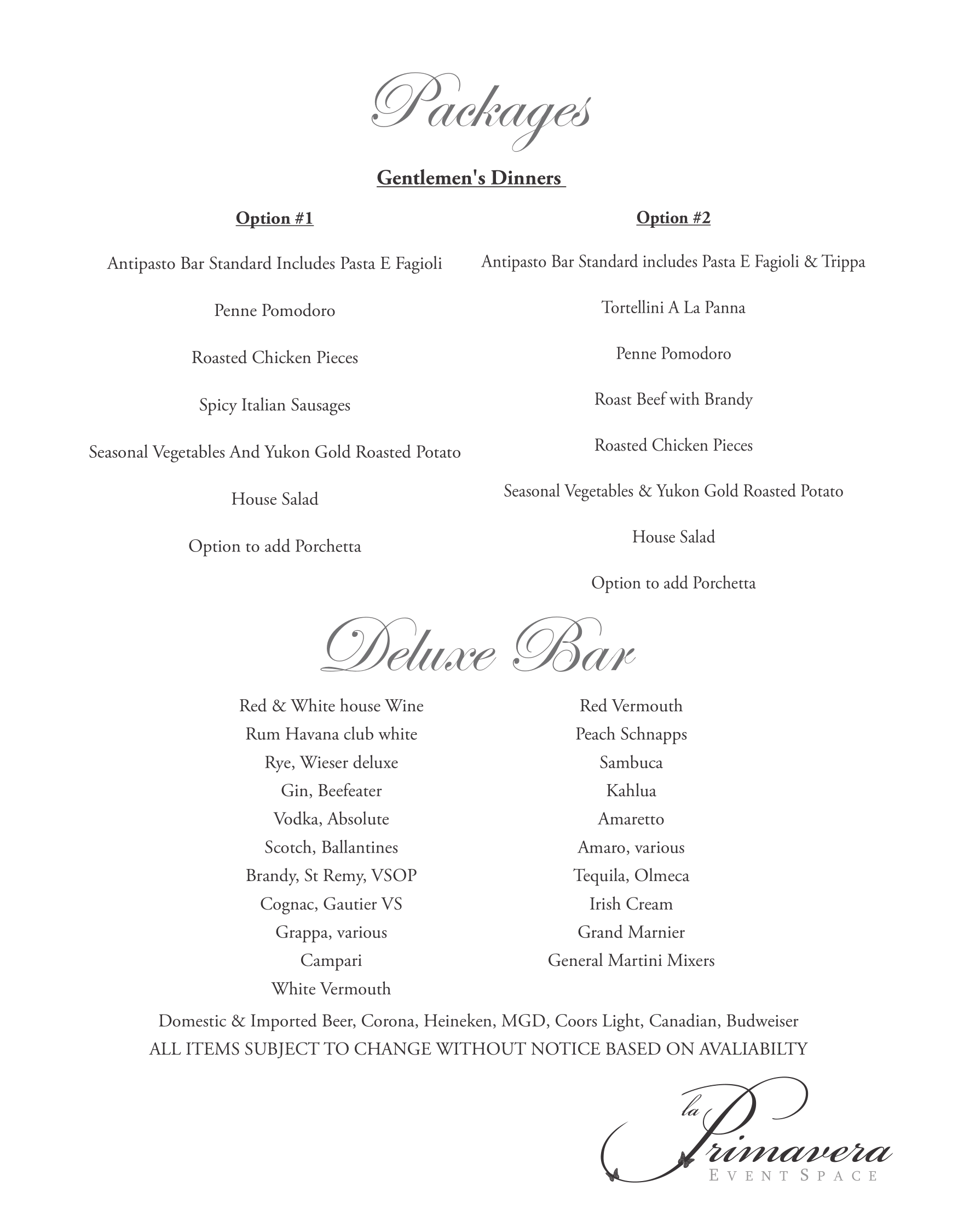 Complete Menu — La Primavera Event Space | Vaughan Event Venue | Woodbridge
