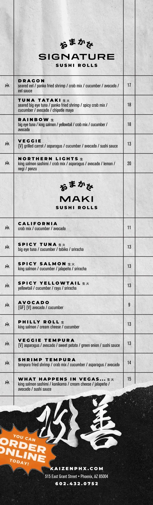 Dine In Menu — Kaizen PHX