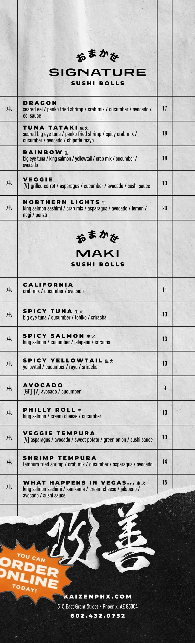 Dine In Menu — Kaizen PHX