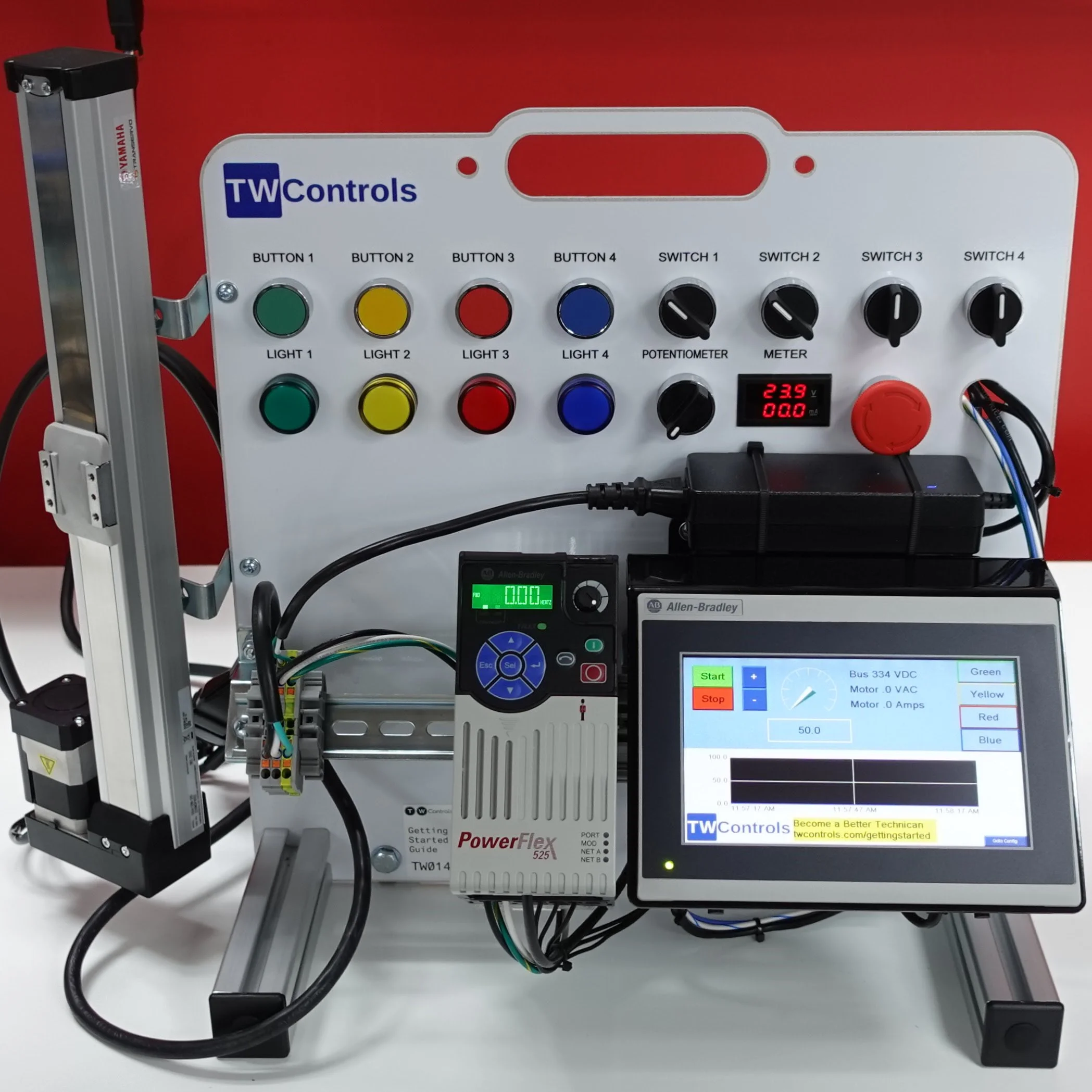 Allen Bradley Compactlogix PLC Trainer with AC Drive, Linear Motion Control Servo, HMI — TW ...