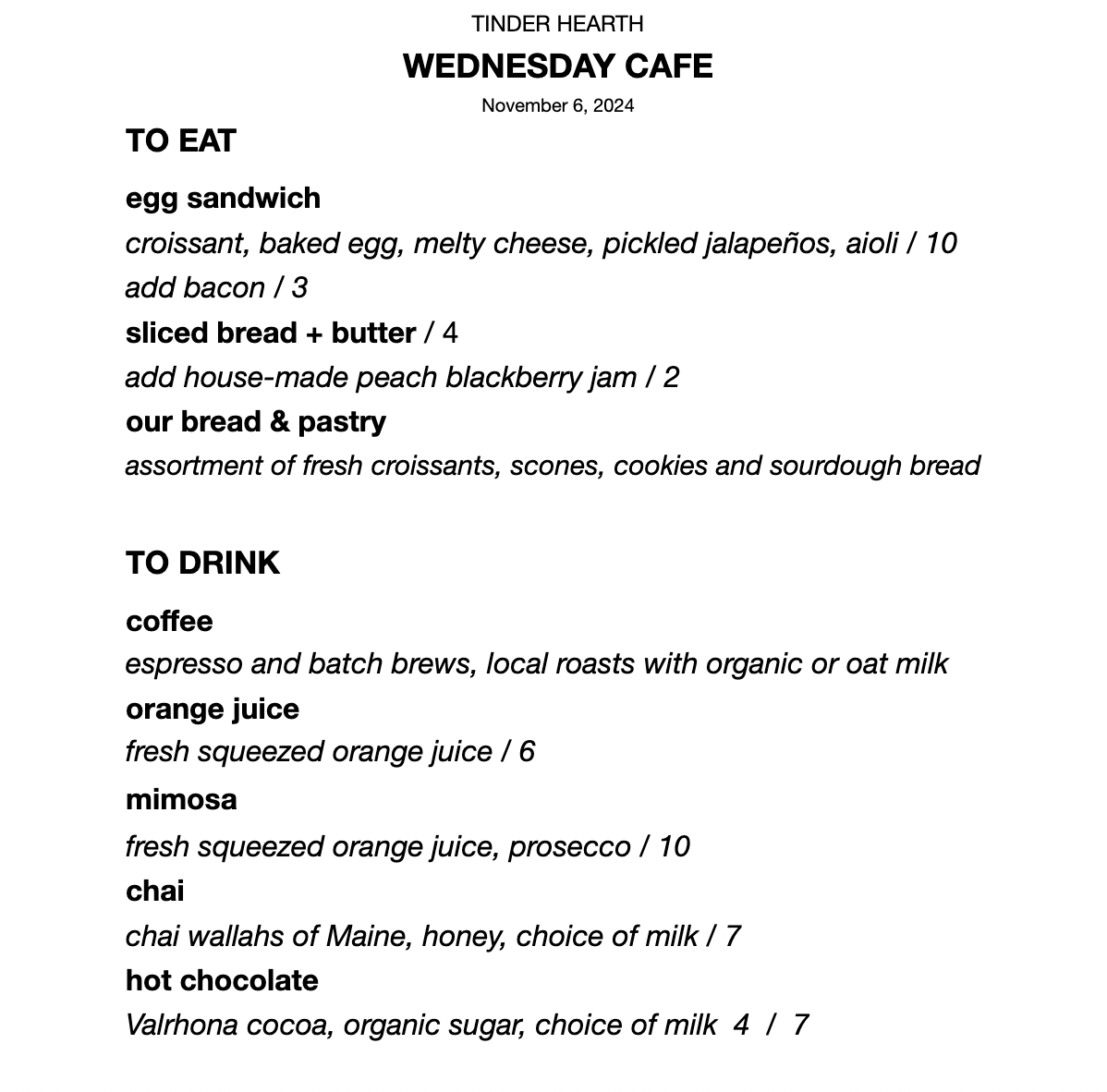 Menus Week of Nov 4th — Tinder Hearth