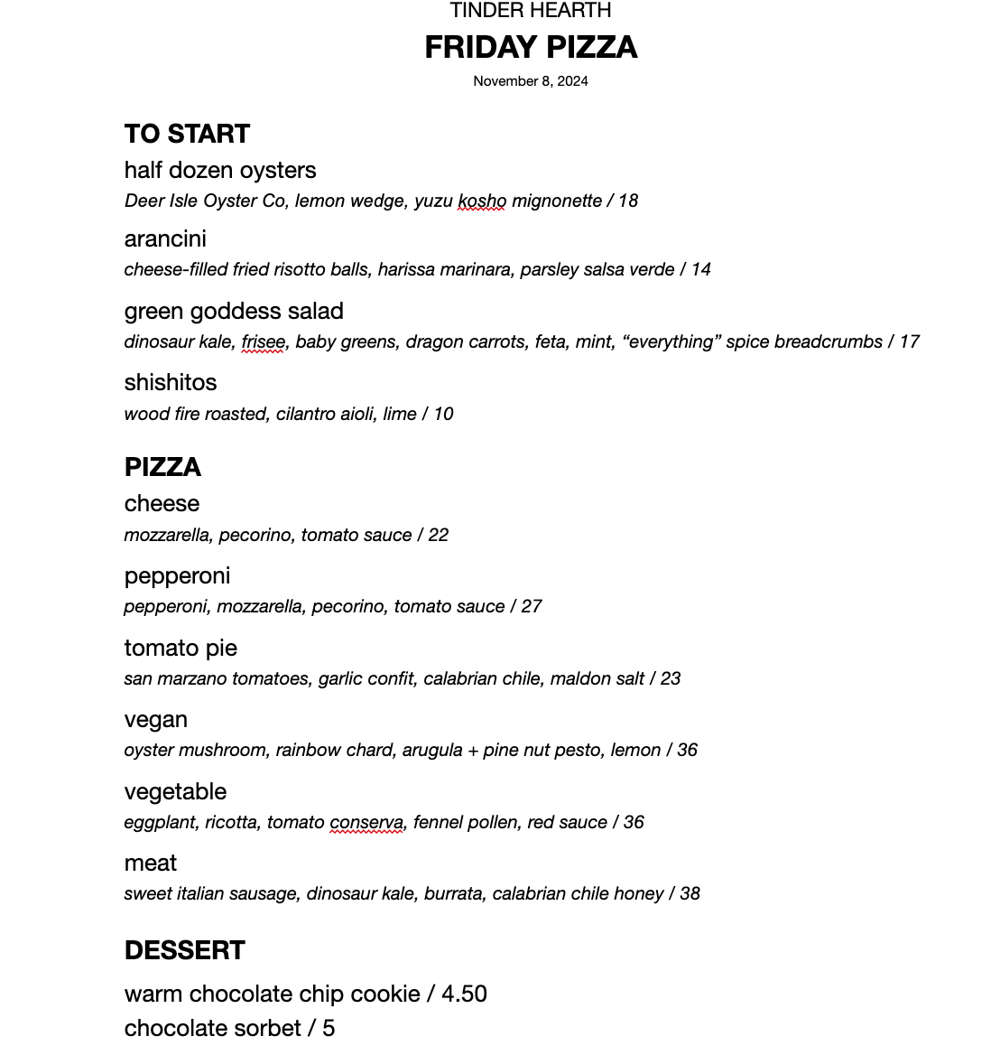Menus Week of Nov 4th — Tinder Hearth