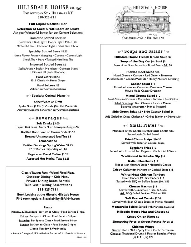 Menu — Hillsdale House 518.325.7111