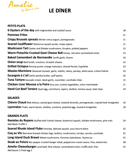 Menu — Amelie Upper West Side