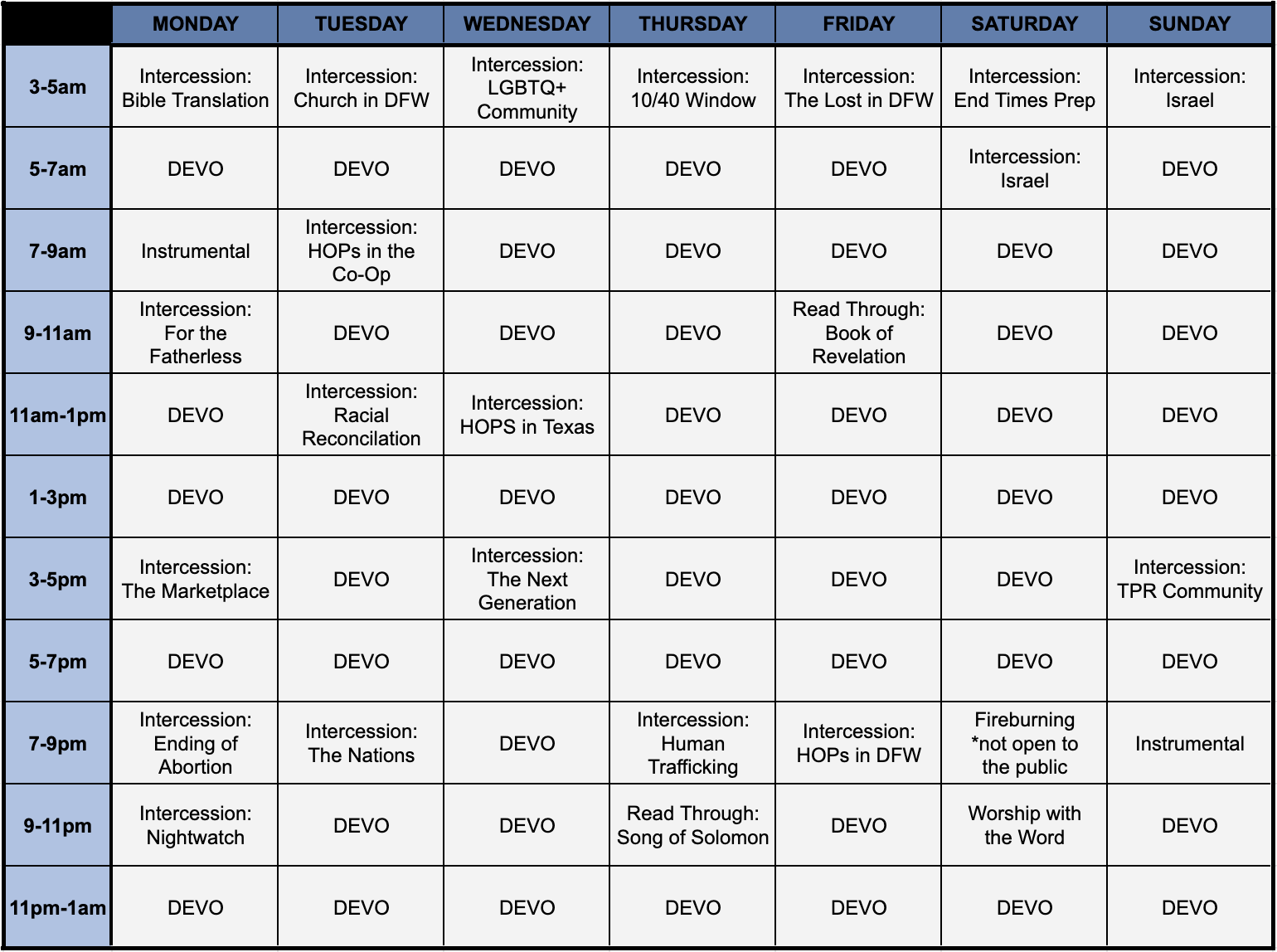 Schedule — The Prayer Room