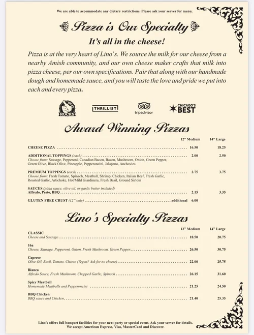 Dining Room Menu — Lino's Italian Restaurant in Rockford and Loves Park ...
