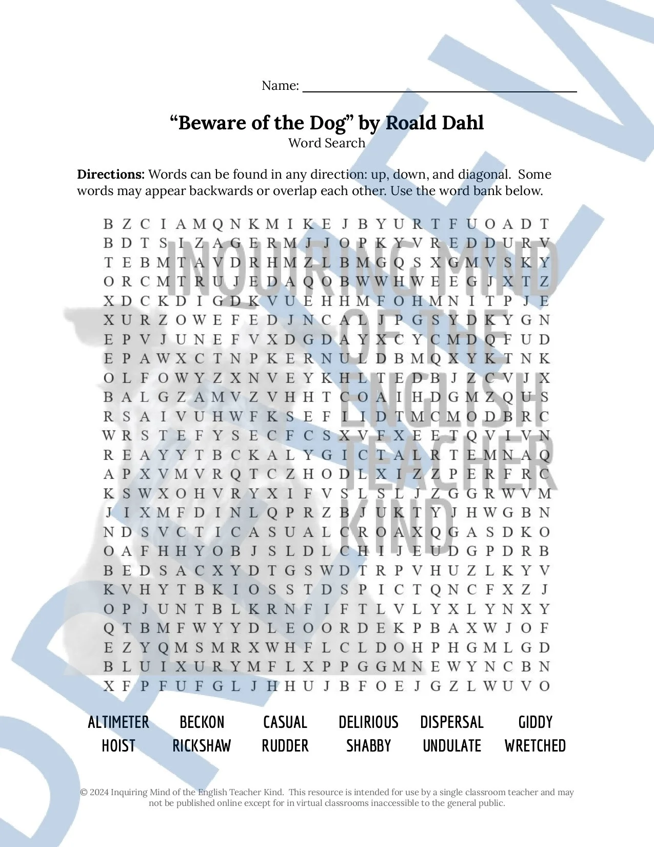"Beware of the Dog" by Roald Dahl Quiz, Close Reading Activity, and ...