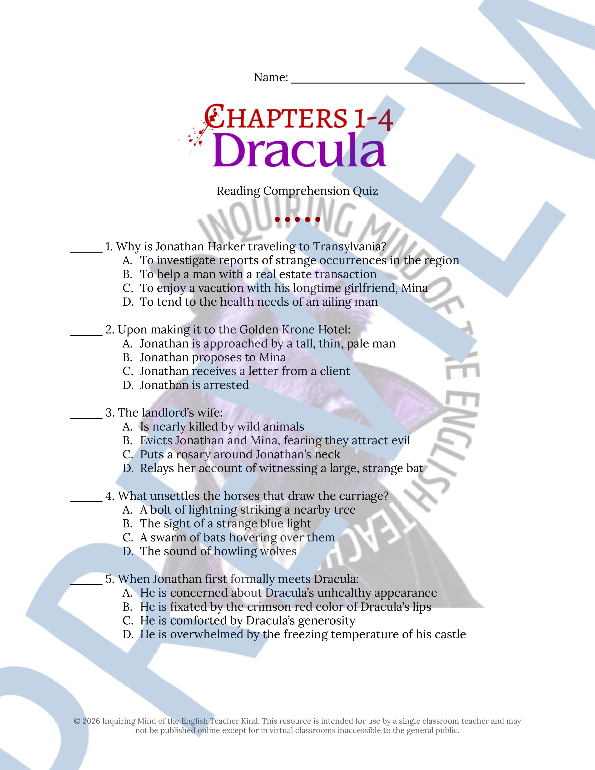 Dracula Chapters 1, 2, 3, and 4 Quiz, Literary Analysis Worksheets, and ...