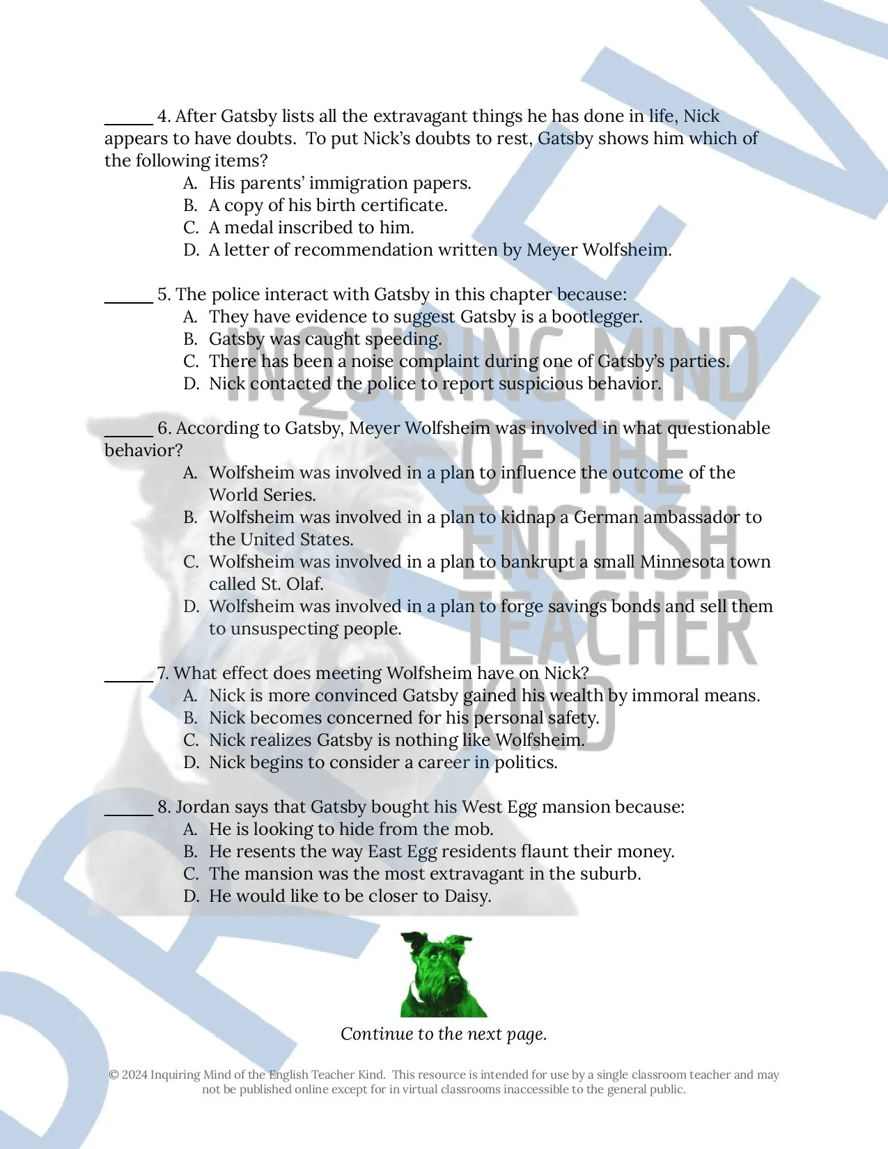 The Great Gatsby by F. Scott Fitzgerald Chapter 4 Quiz, Inference ...