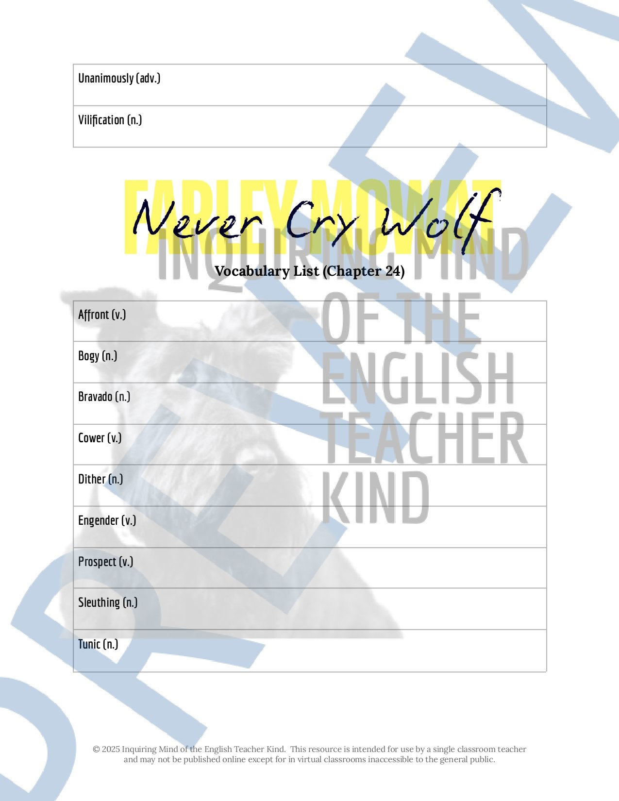 Never Cry Wolf by Farley Mowat Vocabulary Games for High School English ...
