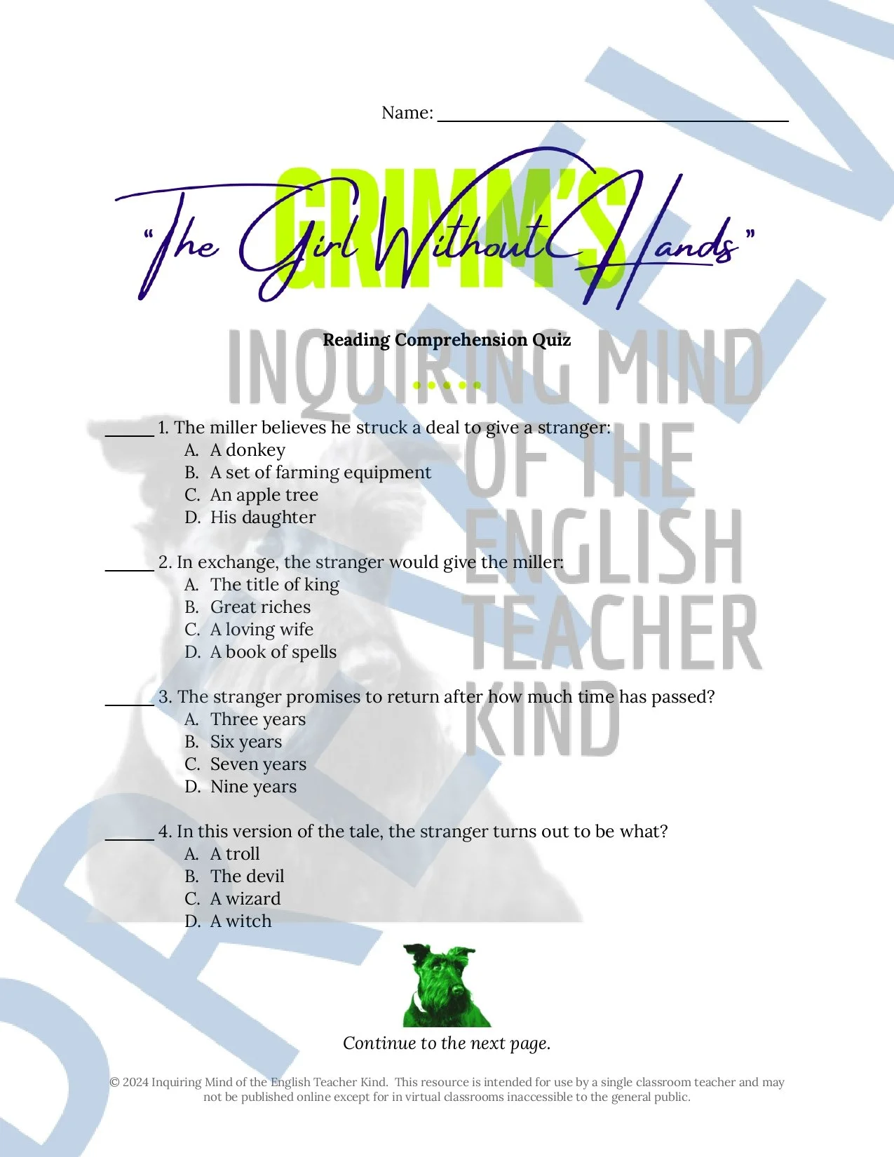 "The Girl Without Hands" Quiz, Close Reading Worksheet, and Vocabulary ...