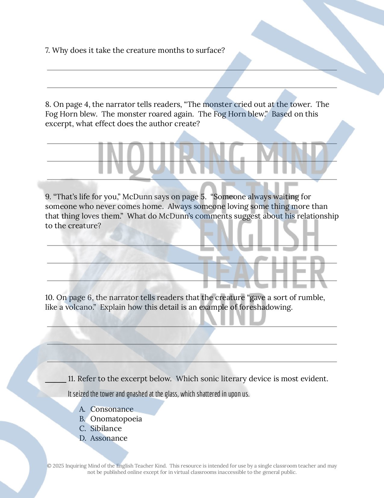 "The Fog Horn" by Ray Bradbury Quiz, Close Reading, and Vocabulary ...