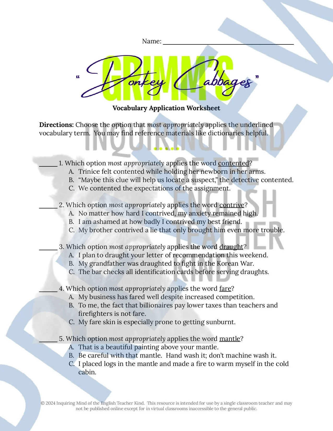 "Donkey Cabbages" by the Brothers Grimm Quiz, Close Reading Worksheet ...