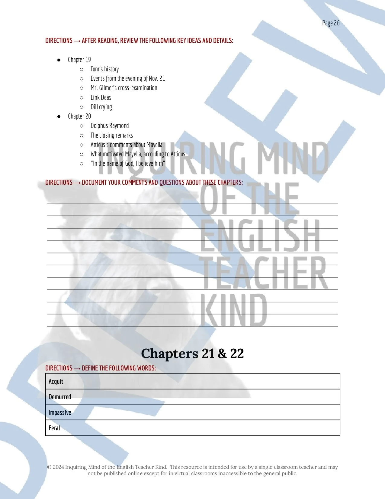 To Kill a Mockingbird Novel Study Guide with Answer Key for High School ...