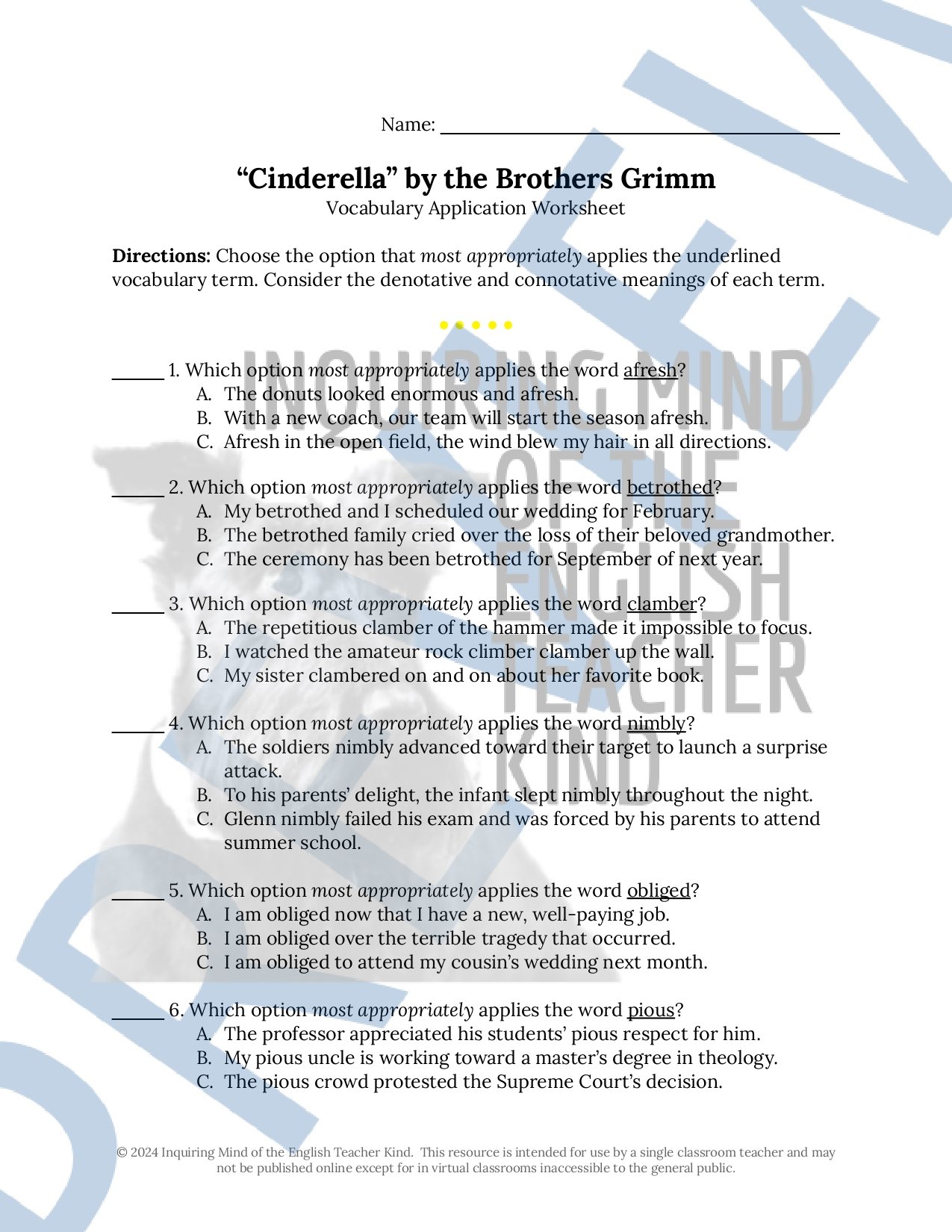 "Cinderella" by the Brothers Grimm Quiz, Close Reading, and Vocabulary ...
