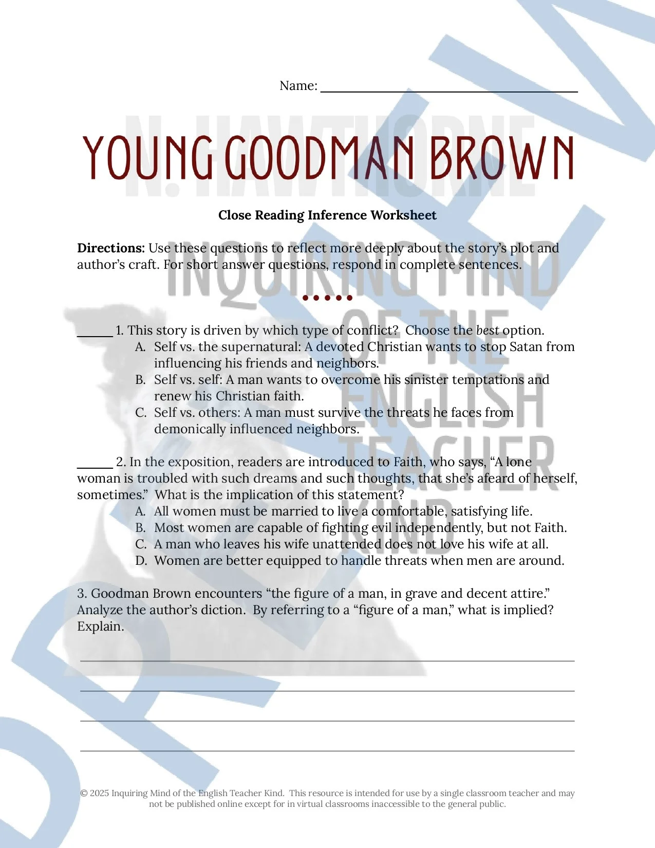 "Young Goodman Brown" by Nathaniel Hawthorne Quiz and Close Reading ...